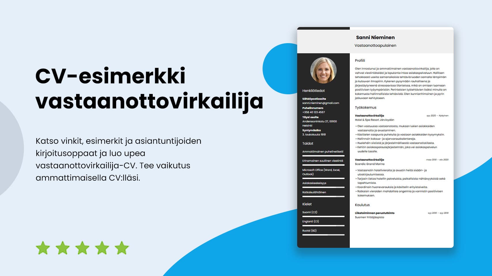 CV-esimerkki vastaanottovirkailija: Vinkit ja ilmainen opas